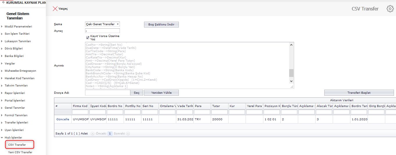 Çek/Senet Devir Girişi